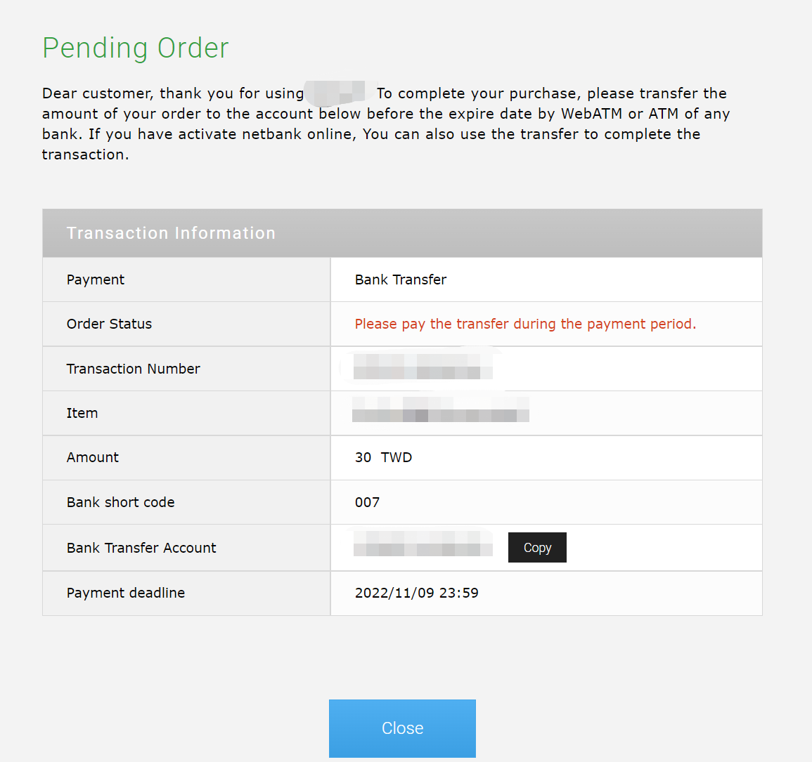 Payment Method - Bank Transfer Taiwan